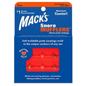 mack's snore mufflers silicone putty ear plugs, 6 pair - comfortable, moldable silicone ear plugs for sleeping, snoring, loud noise & traveling | made in usa