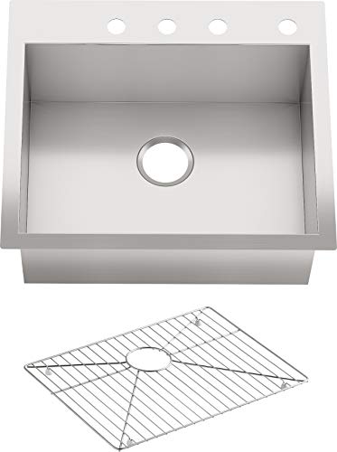 KOHLER Vault 25" Single Bowl 18 Gauge Stainless Steel Kitchen Sink with Four Faucet Holes K-3822-4-NA Drop-in or Undermount Installation, 9 Inch Bowl