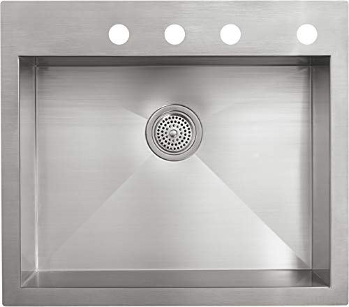 KOHLER Vault 25" Single Bowl 18 Gauge Stainless Steel Kitchen Sink with Four Faucet Holes K-3822-4-NA Drop-in or Undermount Installation, 9 Inch Bowl