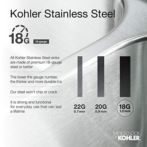 KOHLER Vault 25" Single Bowl 18 Gauge Stainless Steel Kitchen Sink with Four Faucet Holes K-3822-4-NA Drop-in or Undermount Installation, 9 Inch Bowl