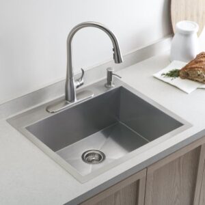 KOHLER Vault 25" Single Bowl 18 Gauge Stainless Steel Kitchen Sink with Four Faucet Holes K-3822-4-NA Drop-in or Undermount Installation, 9 Inch Bowl