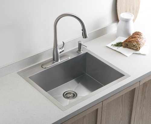 KOHLER Vault 25" Single Bowl 18 Gauge Stainless Steel Kitchen Sink with Four Faucet Holes K-3822-4-NA Drop-in or Undermount Installation, 9 Inch Bowl