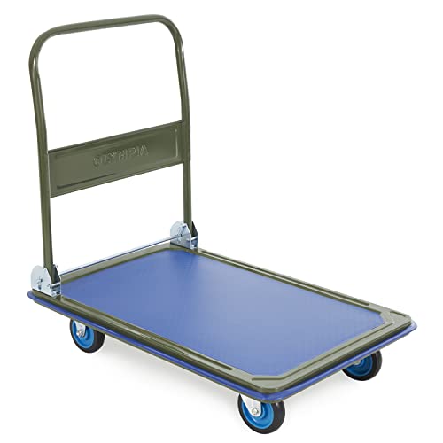 Olympia Tools 85-182 Folding & Rolling Flatbed Cart for Loading, Olive Green with Blue Bumper, 600 Lb. Load Capacity