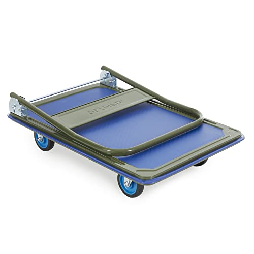 Olympia Tools 85-182 Folding & Rolling Flatbed Cart for Loading, Olive Green with Blue Bumper, 600 Lb. Load Capacity