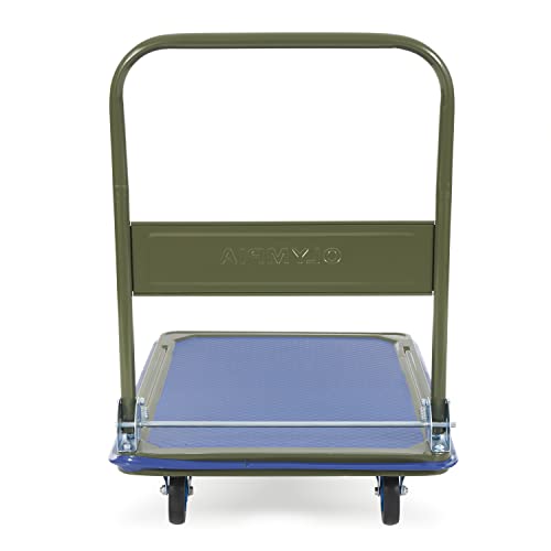 Olympia Tools 85-182 Folding & Rolling Flatbed Cart for Loading, Olive Green with Blue Bumper, 600 Lb. Load Capacity