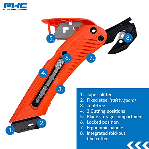 Pacific Handy Cutter S5L Safety Cutter, Left Handed Retractable Utility Knife, Ergonomic Film Cutter, Bladeless Tape Splitter, Steel Guard, Safety, Damage Protection, Warehouse & In-Store Cutting, Red, 1 EA