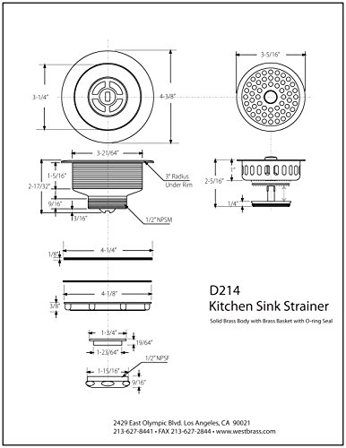 Westbrass D214-51 3-1/2" Post Style Large Kitchen Sink Basket Strainer, 1-Pack, Powder Coat Almond