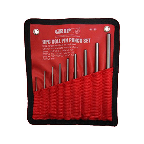 Grip 9 pc Roll Pin Punch Set - Gunsmithing, Automotive, Watch Repair, Jewelry, Crafts - Roll-Up Storage Pouch Included