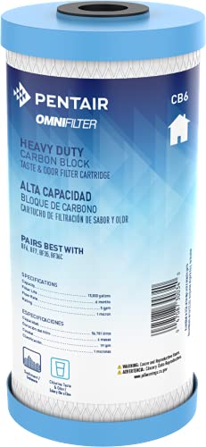 Pentair OMNIFilter CB6 Carbon Water Filter, 10" Whole House Heavy Duty Carbon Block Taste & Odor Replacement Filter Cartridge, 10" x 4.5", 1 Micron, Blue