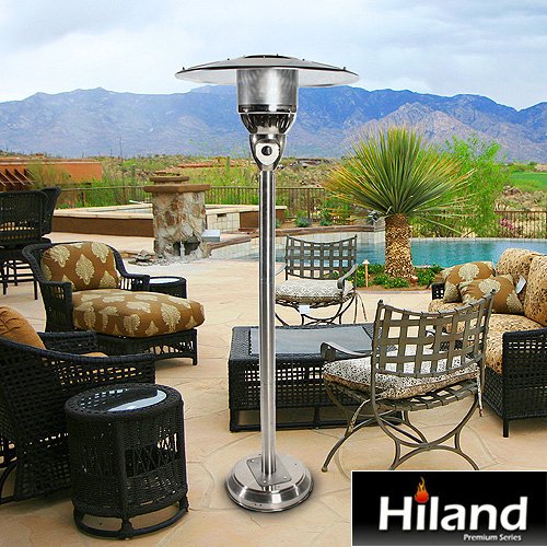 Hiland NG-WSS Tall Natural Gas Patio Heater, 41,000 BTU, 33" Heat Shield, Built In Ground Fixtures, Stainless Steel, Silver