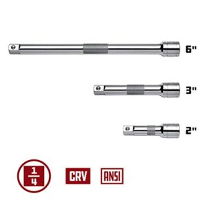 Powerbuilt 1/4" Drive Extension Bar Set, 3 Piece, Includes 2, 3, and 6 Inch Extensions, Use Ratchet to Reach, Non-Slip Grip 640842