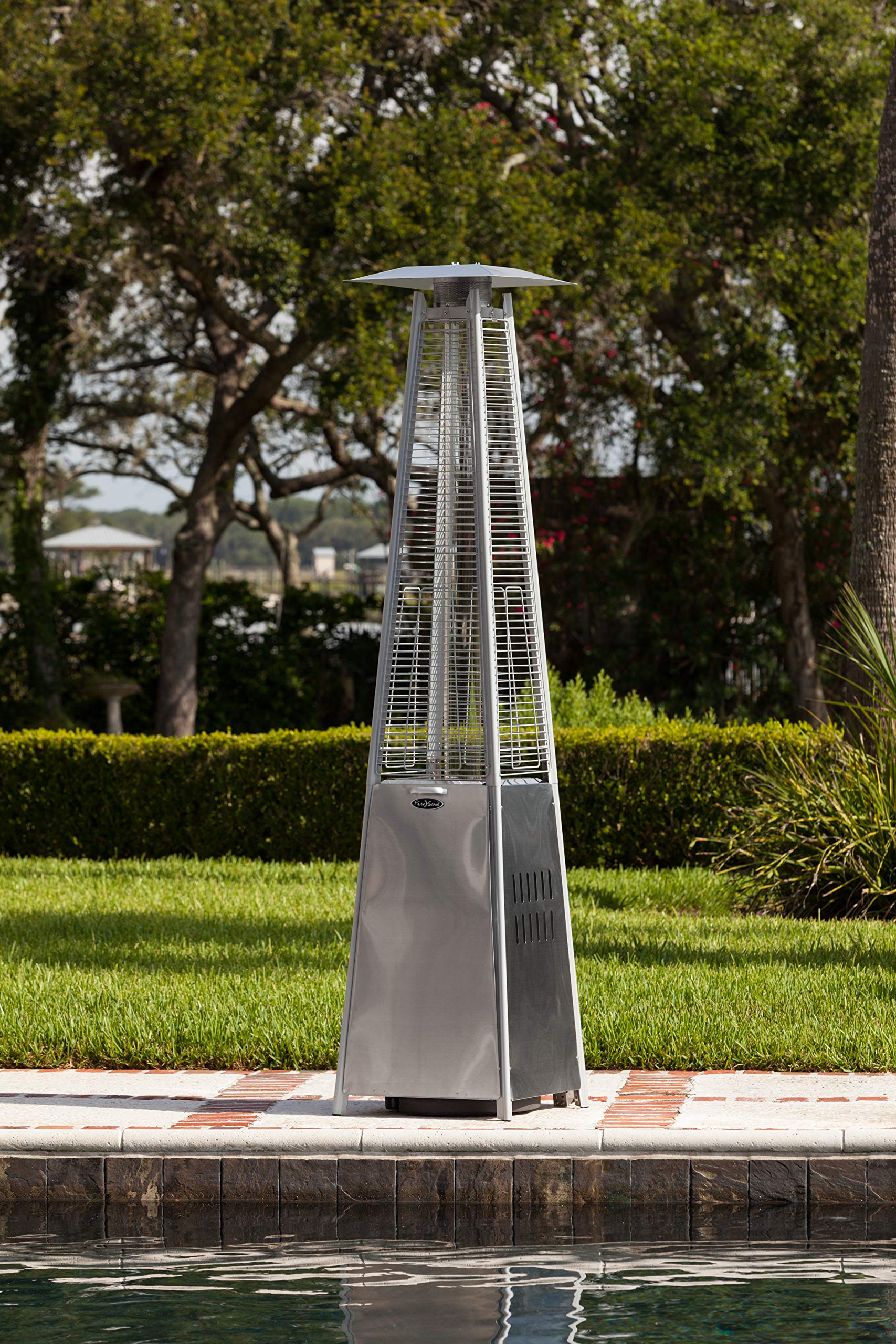 Fire Sense 60523 Pyramid Flame Patio Heater 40,000 BTU Outdoor Propane Heater Tower with Wheels - Stainless Steel