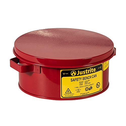 Justrite JUT10375RD, 1 Gallon, 4 1/2" H, 9 3/8" O.D, 7 1/2" Diameter, Steel Red Safety Bench Can