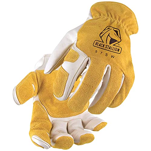 Revco Black Stallion 97SW Mens/Womens Leather Work/Drivers Gloves With Reinforced Palm, Elastic Wristband, Large, Yellow/White