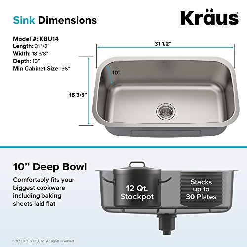 Kraus KBU14 31-1/2 inch Undermount Single Bowl 16-gauge Stainless Steel Kitchen Sink