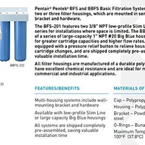 Pentair Pentek BFS-201 Slim Line Two-Housing Filtration System, 3/8" NPT #10 Low Profile Water Filter Housing, Holds 10" x 2.5" Filter Cartridges, Blue