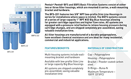 Pentair Pentek BFS-201 Slim Line Two-Housing Filtration System, 3/8" NPT #10 Low Profile Water Filter Housing, Holds 10" x 2.5" Filter Cartridges, Blue