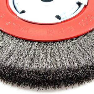 Forney 72751 Wire Bench Wheel Brush, Narrow Face Fine Crimped with 1/2-Inch and 5/8-Inch Arbor, 6-Inch-by-.008-Inch