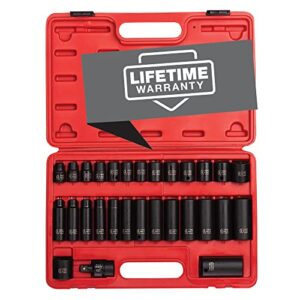 sunex 3330, 3/8" drive master impact socket set, 12 pt., 29piece, metric, 8mm-22mm, standard/deep, cr-mo steel, heavy duty storage case, includes universal joint