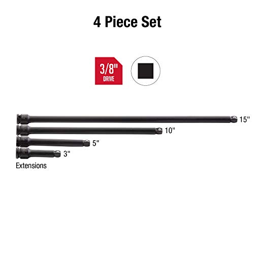 Sunex 3504, 3/8 Inch Drive Impact Extension Set, 4 Pieces, SAE, 3 Inch to 15 Inch, Cr-Mo Steel, Radius Corner Design, Wobble Drive, Steel Ball Retainer, Dual Size Markings, Storage Tray, Meets ANSI Standards