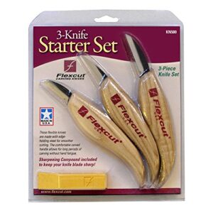 flexcut carving knives, starter set, with ergonomic handles and carbon steel blades, set of 3 (kn500)