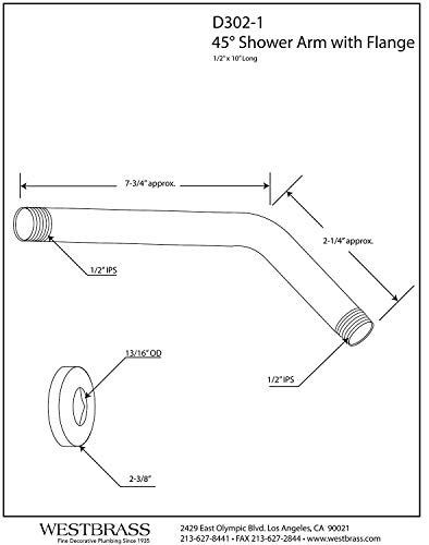 Westbrass D302-1-07 1/2" IPS x 10" Wall Mount Shower Arm with Sure Grip Flange, 1-Pack, Satin Nickel