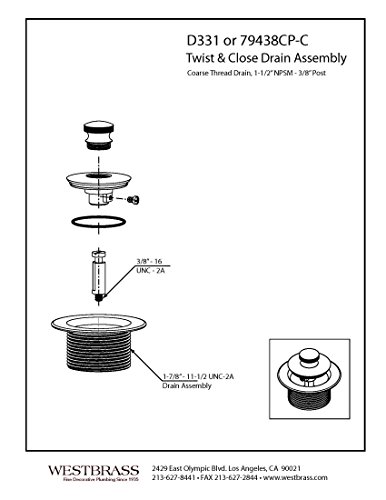 Westbrass D331-26 1-1/2-Inch NPSM Coarse Thread Twist & Close Bath Drain, Polished Chrome