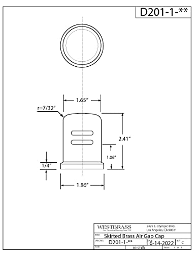 Westbrass D201-1-62 1-5/8" cap diameter 2-1/4 cap height Solid Brass Air Gap Cap Only, Skirted, 1-Pack, Matte Black