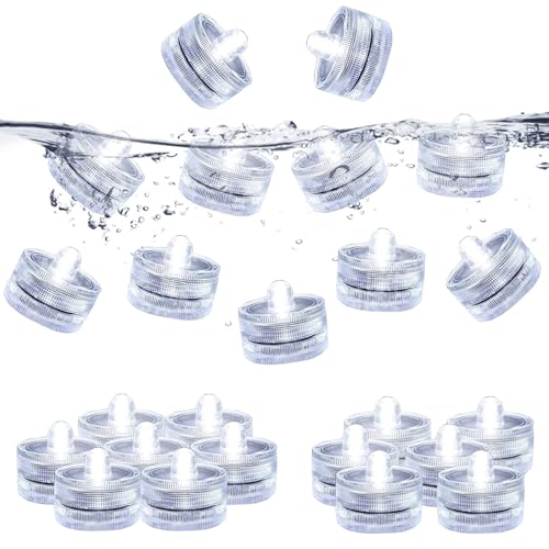 JINHEZO Submersible Led Tea Lights Waterproof, Pond Underwater Small Tealights Battery Operated 125 Hours, Seasonal Festival Celebration Party Table Decorations White 24 Pcs (Built-in 48 Batteries)