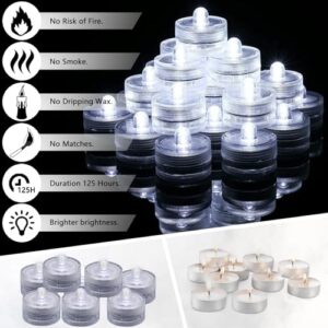 JINHEZO Submersible Led Tea Lights Waterproof, Pond Underwater Small Tealights Battery Operated 125 Hours, Seasonal Festival Celebration Party Table Decorations White 24 Pcs (Built-in 48 Batteries)