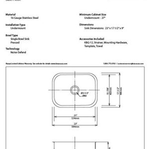 Kraus KBU12 23 inch Undermount Single Bowl 16 gauge Stainless Steel Kitchen Sink