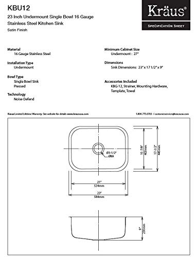 Kraus KBU12 23 inch Undermount Single Bowl 16 gauge Stainless Steel Kitchen Sink