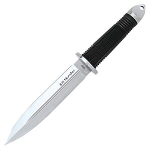 honshu fighter dagger knife with leather sheath - stainless steel blade, double-edged, rubberized grip, steel handguard, fixed blade for every day carry - length 13 1/4