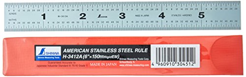 Shinwa H-3412A 6" 150 mm Rigid English Metric Zero Glare Satin Chrome Stainless Steel E/M Machinist Engineer Ruler/Rule with Graduations in 1/64, 1/32, mm and .5 mm