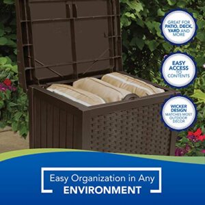 Suncast 22-Gallon Small Deck Box - Lightweight Resin Indoor/Outdoor Storage Container and Seat for Patio Cushions, Gardening Tools and Toys - Store Items on Patio, Garage, Yard - Mocha Wicker