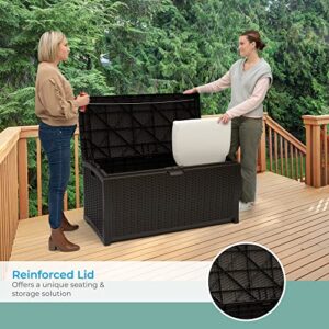 Suncast 99 Gallon Resin Wicker Patio Outdoor Storage Container for Toys, Furniture Deck box, Mocha