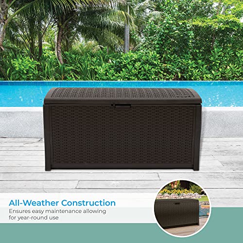 Suncast 99 Gallon Resin Wicker Patio Outdoor Storage Container for Toys, Furniture Deck box, Mocha