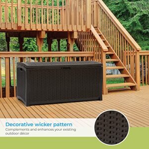 Suncast 99 Gallon Resin Wicker Patio Outdoor Storage Container for Toys, Furniture Deck box, Mocha