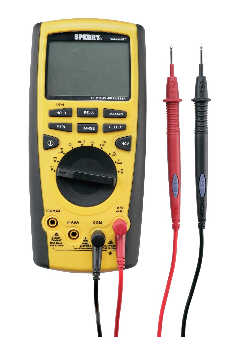 Sperry Instruments DM6650T True RMS Digital Multimeter, 10 Function, 750/1000V AC/DC, 10A Current, Continuity, 10 Auto Range