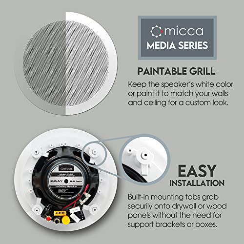 Micca M-6C 6.5 Inch 2-Way in-Ceiling Round Speaker for Whole House Audio, Home Theater, Indoor or Covered Outdoor Areas, 6.5" Woofer, 1" Silk Tweeter, 7.6" Cutout Diameter White, Paintable, Each