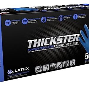 Thickster Powder-Free Exam Grade Latex Disposable Gloves. Size Medium. Blue, 14 mil Thickness, 12" Length. Fully Textured for Superior Grip. Single Use. Pack of 50. (6602-20)