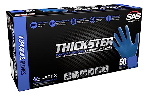 Thickster Powder-Free Exam Grade Latex Disposable Gloves. Size Medium. Blue, 14 mil Thickness, 12" Length. Fully Textured for Superior Grip. Single Use. Pack of 50. (6602-20)