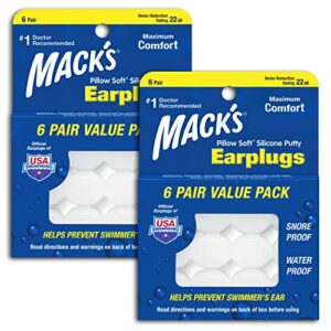 mack's pillow soft silicone earplugs - 6 pair (pack of 2), value pack – the original moldable silicone putty ear plugs for sleeping, snoring, swimming, travel, concerts and studying