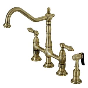 kingston brass ks1273albs heritage 8-inch kitchen bridge faucet with brass sprayer, antique brass