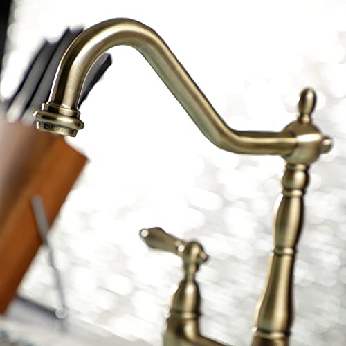 Kingston Brass KS1273ALBS Heritage 8-Inch Kitchen Bridge Faucet with Brass Sprayer, Antique Brass