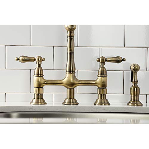 Kingston Brass KS1273ALBS Heritage 8-Inch Kitchen Bridge Faucet with Brass Sprayer, Antique Brass