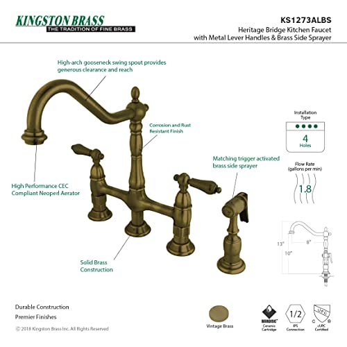 Kingston Brass KS1273ALBS Heritage 8-Inch Kitchen Bridge Faucet with Brass Sprayer, Antique Brass