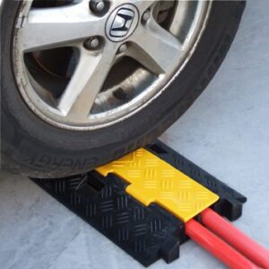 Electriduct Heavy Duty 2 Channel Cable Protector Traffic Wire and Hose Ramp Cord Cover 1.2 Inch Channels 12,000 lbs per Axle - Rubber Black Base/Yellow Lid