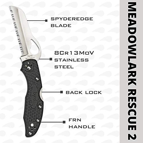 Byrd Meadowlark 2 Rescue Lightweight Knife with 3.05" Stainless Steel Sheepfoot Blade and High Performance Black FRN Handle - SpyderEdge - BY19SBK2