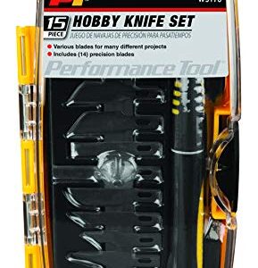 Performance Tool W9170 Precision Hobby Knife Set - 14 Blades for Various Projects with Comfortable Contoured Handle and Storage Case